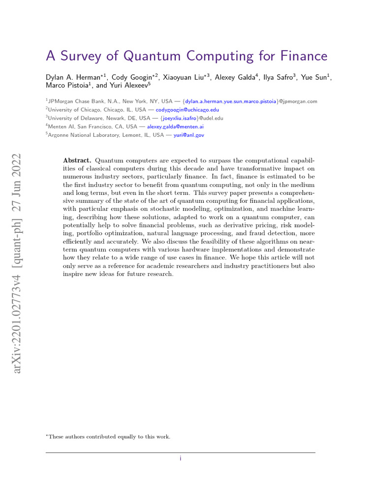 A Survey of Quantum Computing For Finance | PDF | Quantum Computing | Cryptography