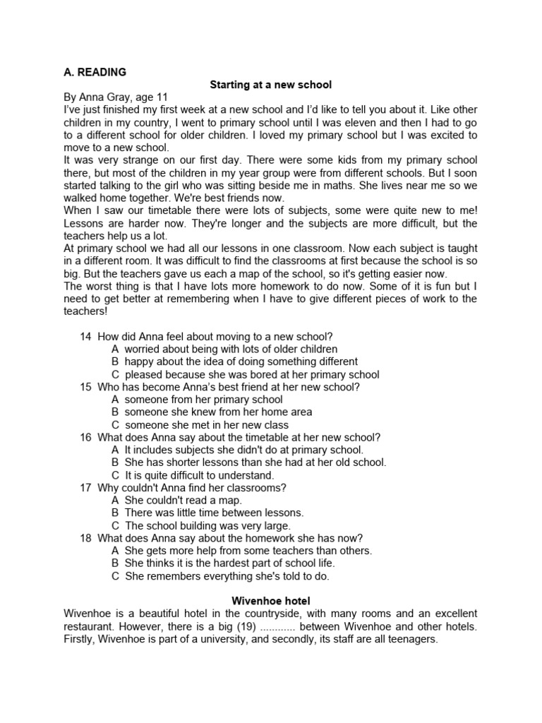 A. Reading Starting at A New School | PDF | Hotel | Teachers