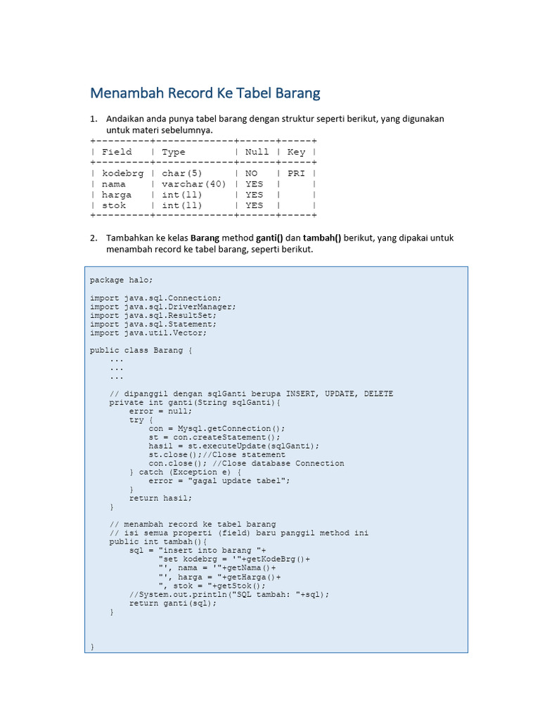 Tambah Record Tabel Barang di Java | PDF