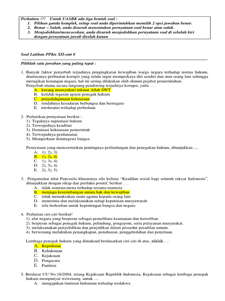 Soal Latihan USBK PPKN XII AJY | PDF