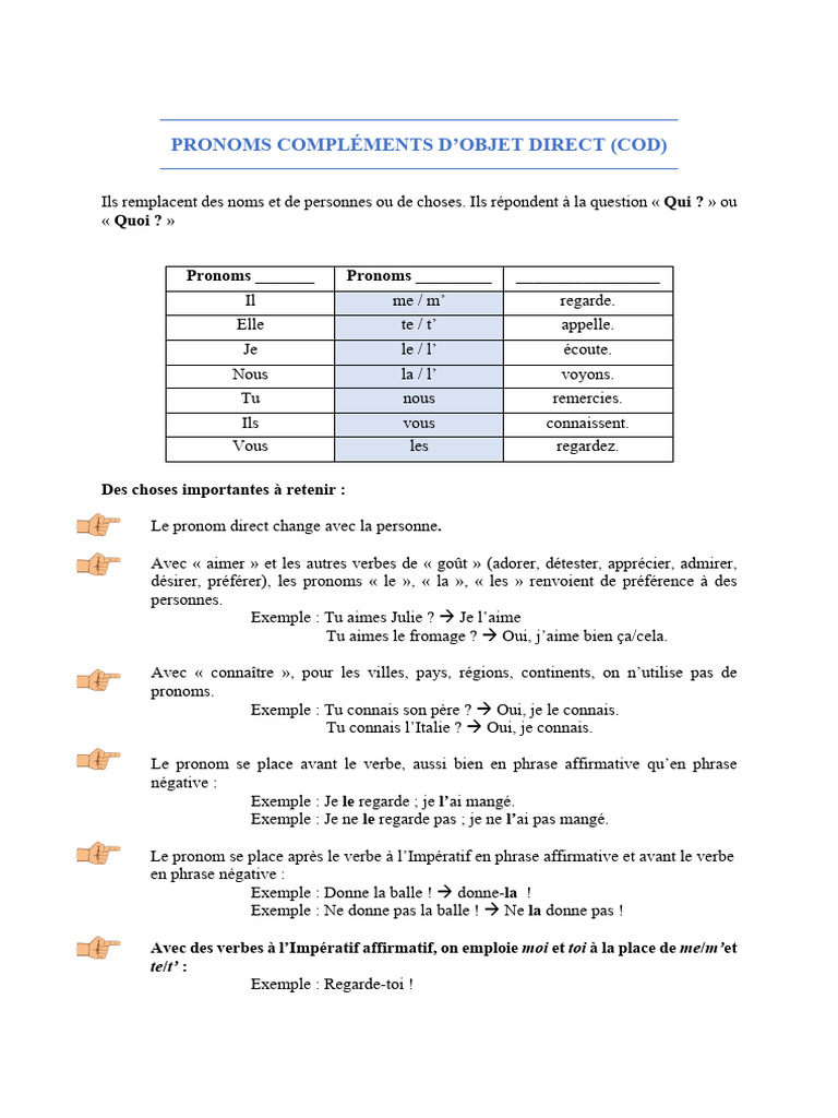 Pronoms Compléments COD | PDF