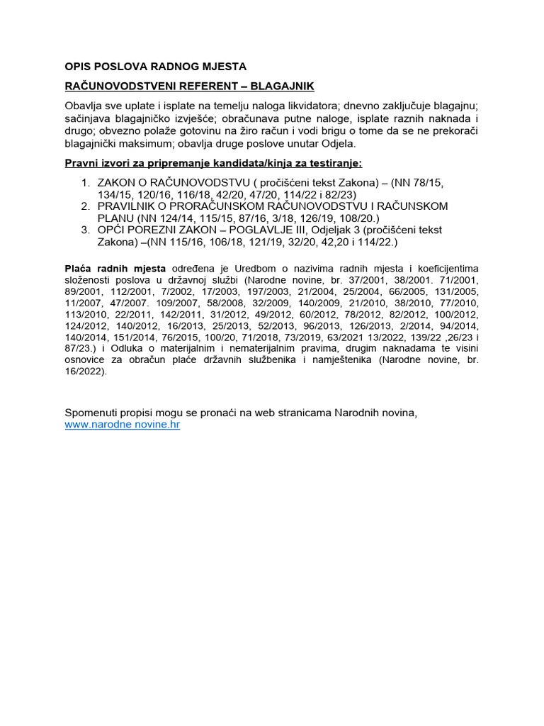 Opis Poslova Radnog Mjesta | PDF