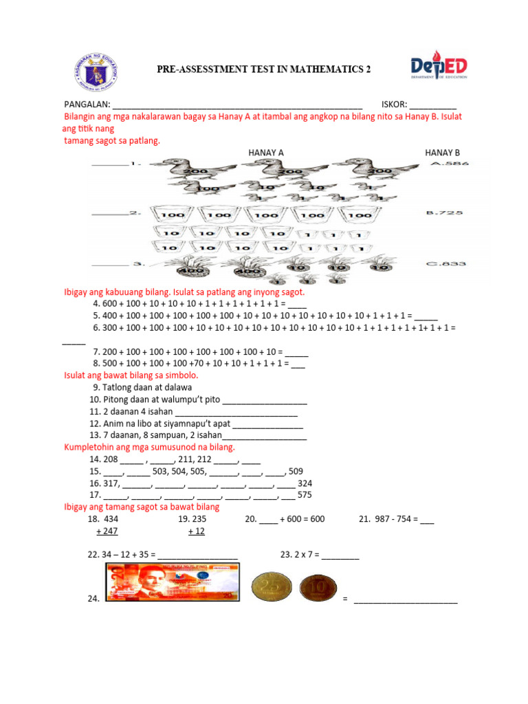 Pre Test - Mathematics 2 | PDF