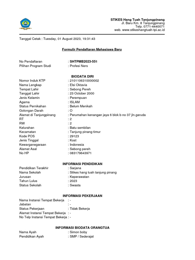 FORM PMB STIKES Hang Tuah Tanjungpinang | PDF