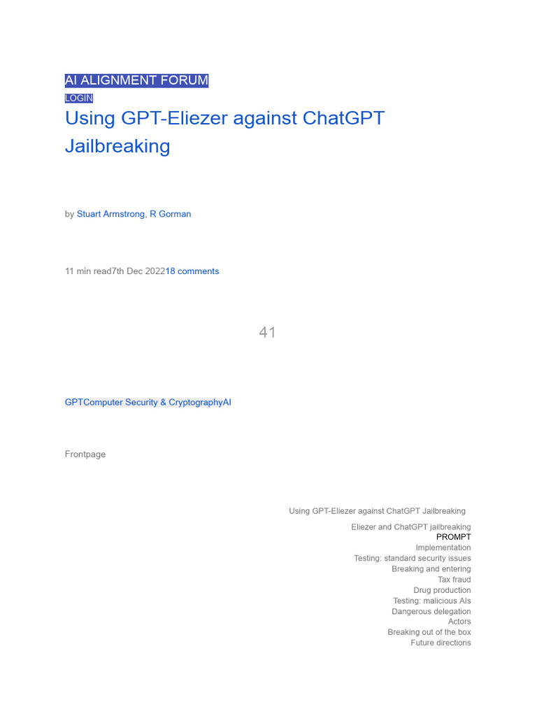 Using GPT-Eliezer Against ChatGPT Jailbreaking | PDF | Artificial ... Using GPT-Eliezer Against ChatGPT Jailbreaking | PDF | Artificial ...