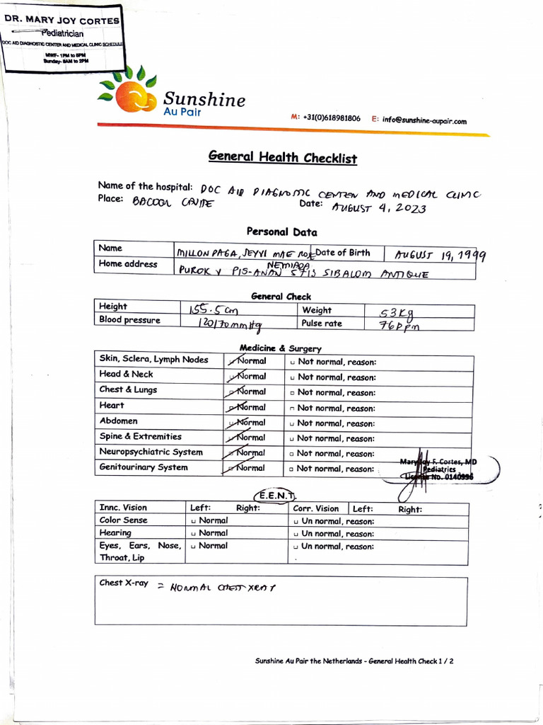 General Health Checklist - Millondaga, Jeyvi Mae Rose | PDF | Health ...