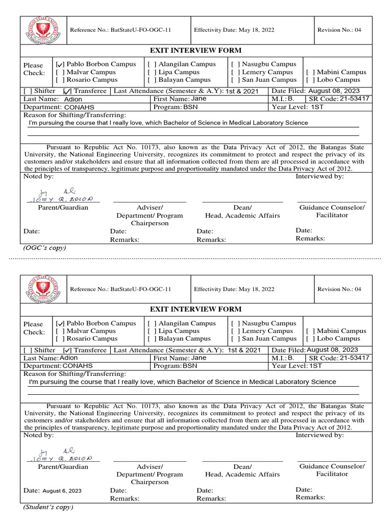 BatStateU Exit Interview Form | PDF | Career & Growth