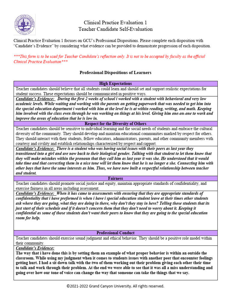 Teacher Candidate Self-Evaluation Guide | PDF | Teachers | Special ...