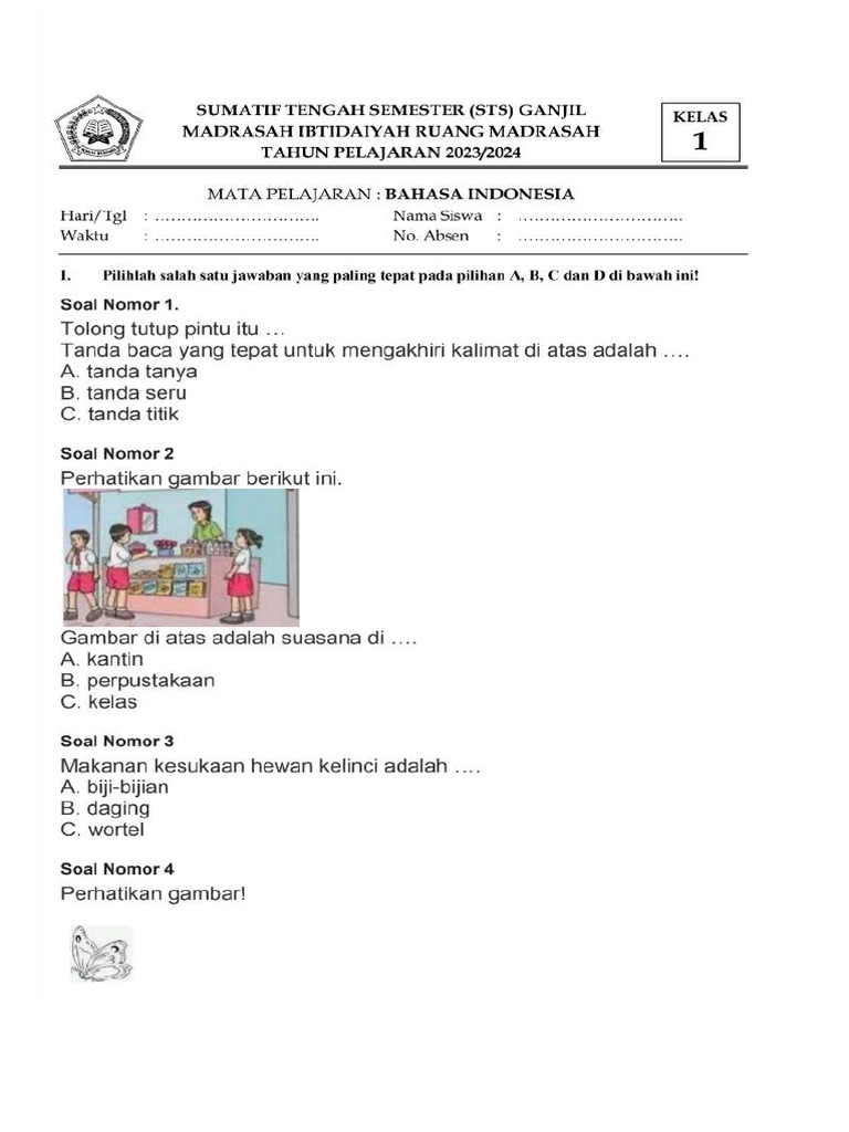 SOAL PTS BAHASA INDONESIA Kelas 1 Semester 1 KMA | PDF