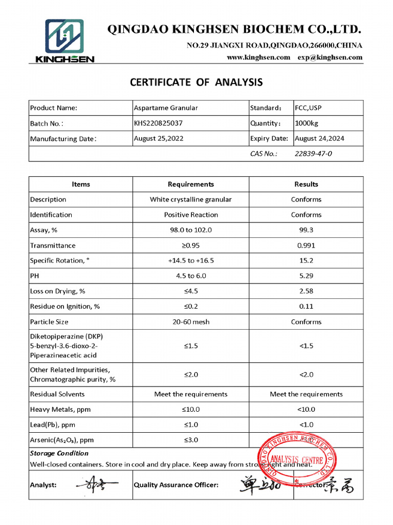 COA - Aspartame Granular - 20-60mesh - KHS | PDF