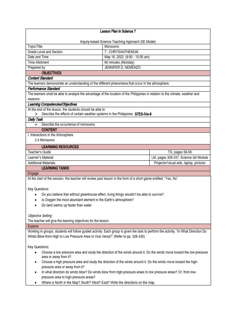 Lesson Plan in Monsoons | PDF | Monsoon | Learning