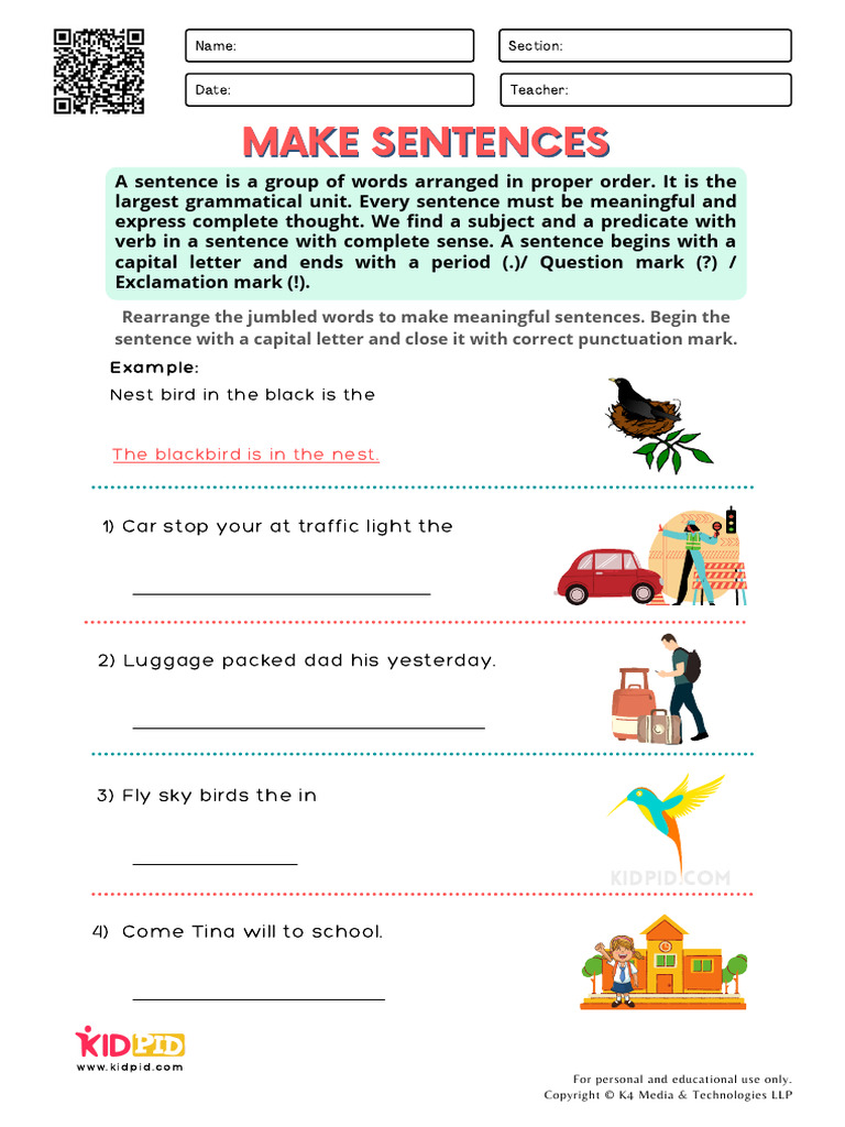 Make Sentences Free Printable Worksheets For Grade 2 | PDF | Sentence ...