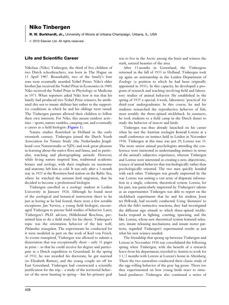 Niko Tinbergen Biography | PDF | Ethology | Instinct