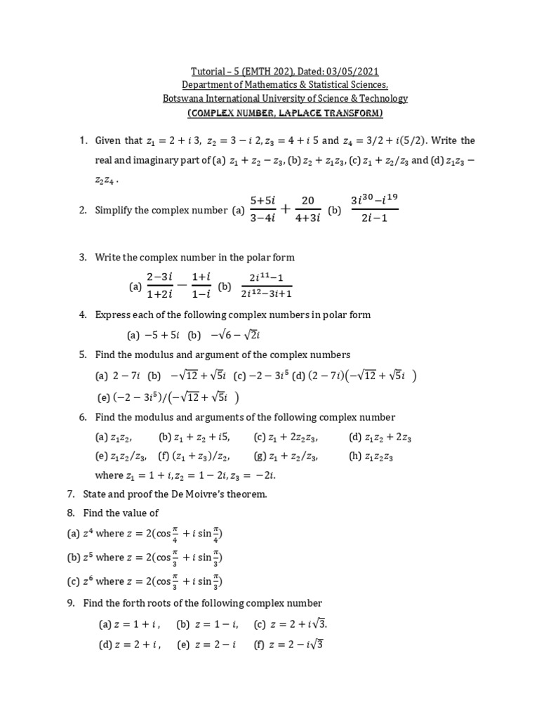 EMTH202 Tutorial6 Week3MAY2021 | PDF | Complex Number | Mathematical ...