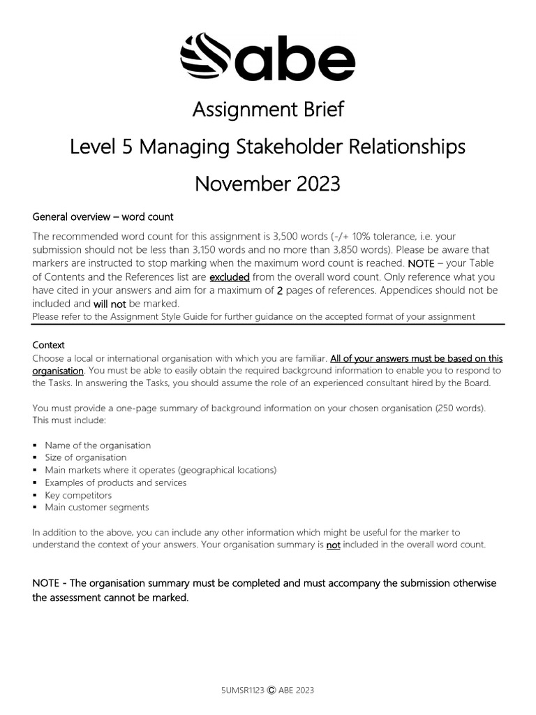 5UMSR - Managing Stakeholder Relationships - Assignment Brief ...
