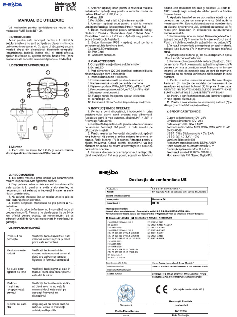 Manual de Utilizare Modulator FM e Boda BT 100 | PDF
