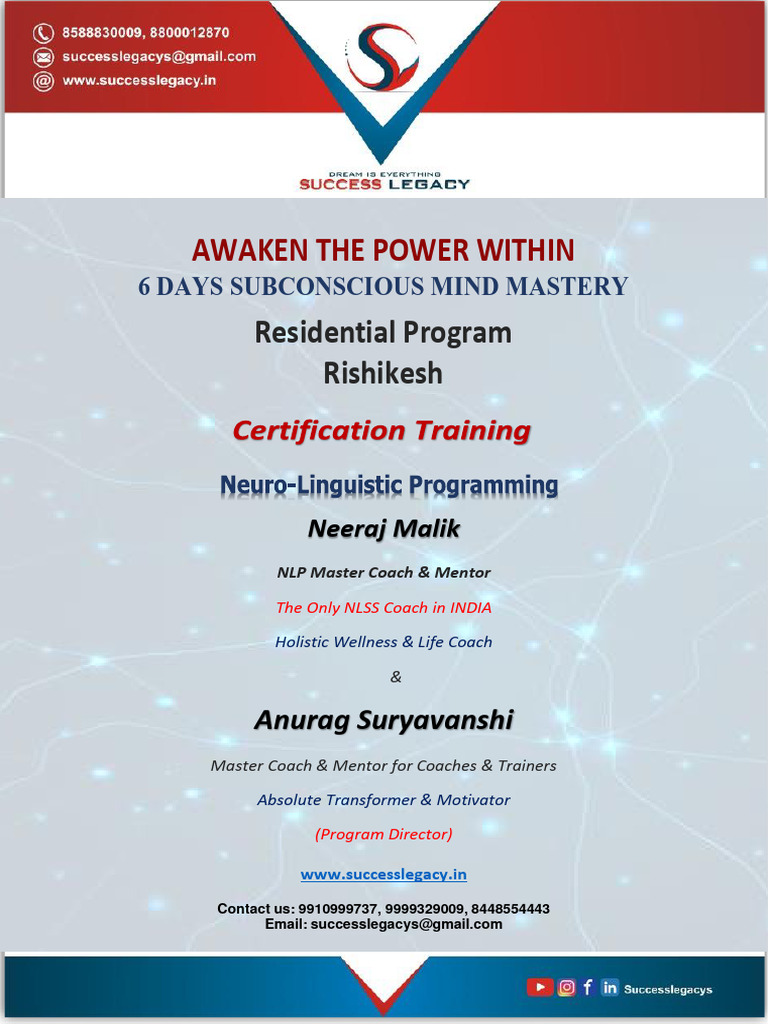 "6-Day NLP Mastery Certification in Rishikesh" | PDF | Neuro Linguistic Programming | Psychology