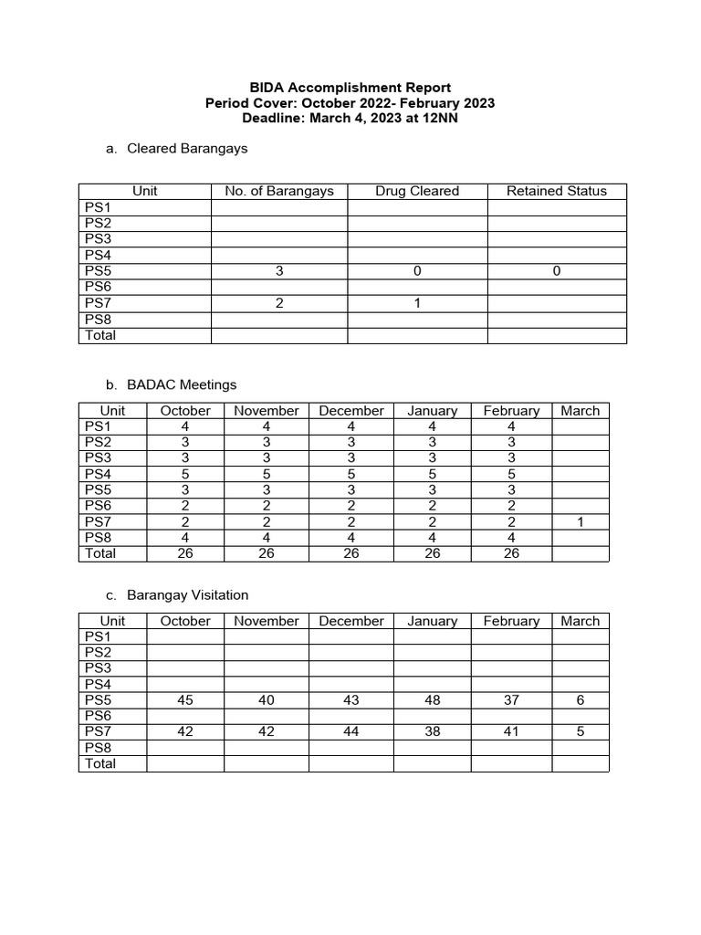 Consolidated BIDA Accomplishment Report For PS7 | PDF
