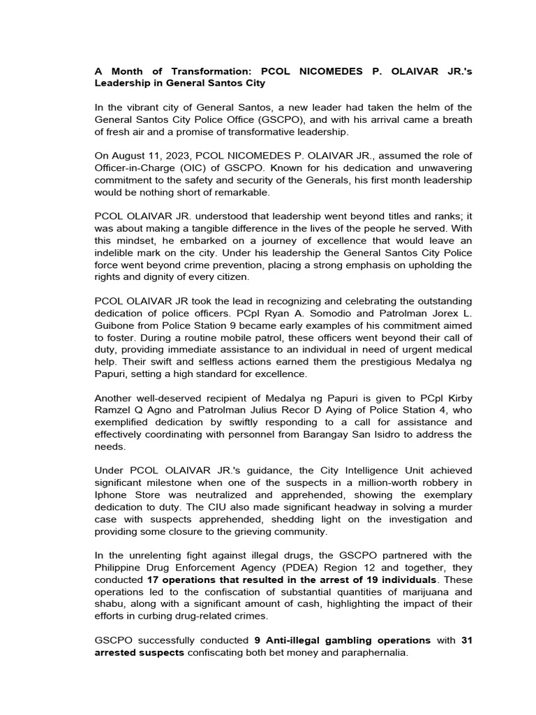 A Month of Transformation FINAL FROM MAAM JANE | PDF | Police | Arrest