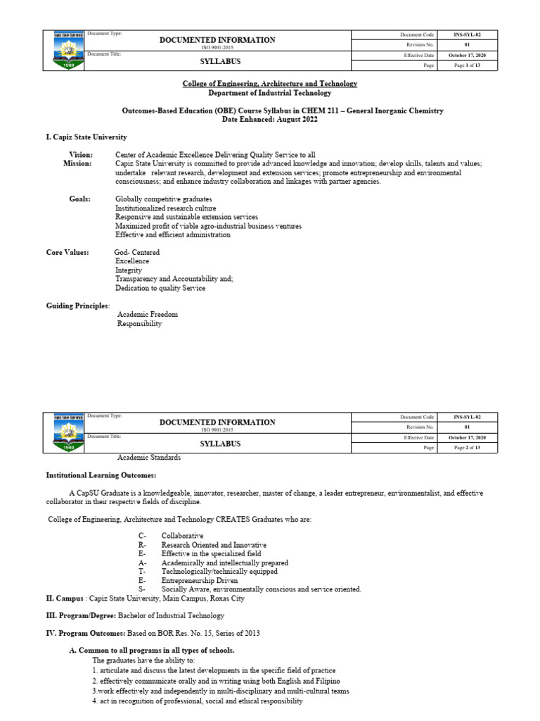 CHEM-211 - Course Syllabus | PDF | Chemical Compounds | Atoms