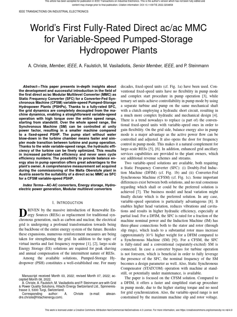 Worlds First Fully-Rated Direct Ac Ac MMC For Variable-Speed Pumped ...
