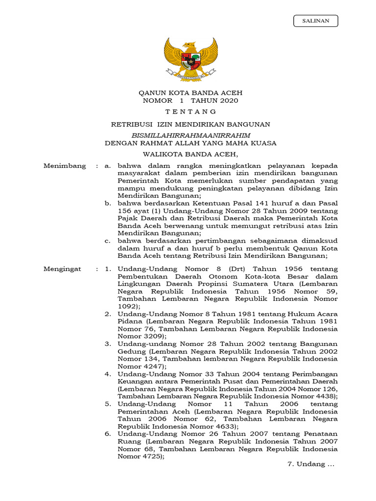 Salinan Qanun Nomor 1 Tahun 2020 | PDF