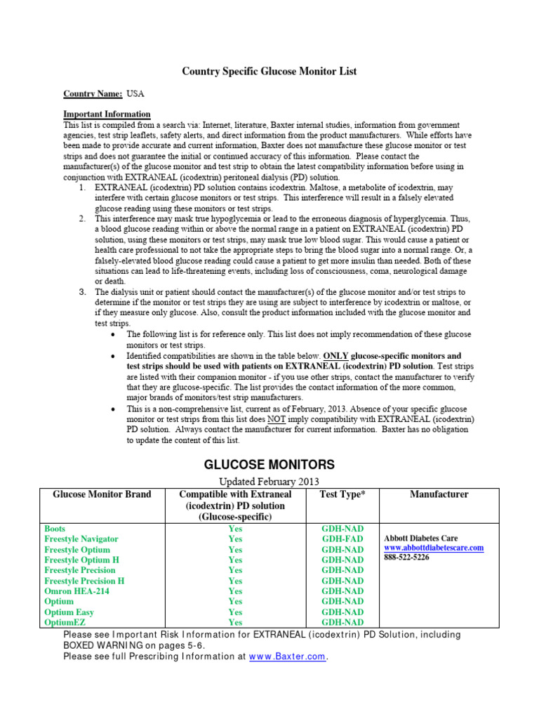 Glucose Monitor Compatibility with EXTRANEAL | PDF | Hypoglycemia ...
