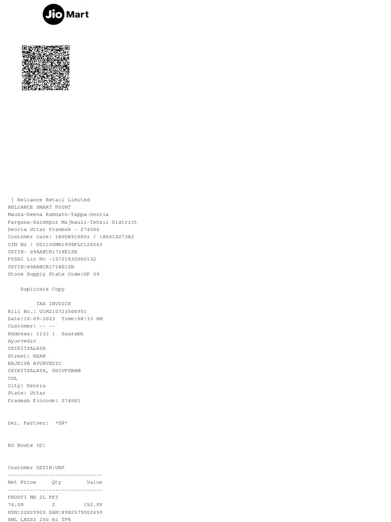 Jio Mart Invoice - Deoria Purchase | PDF