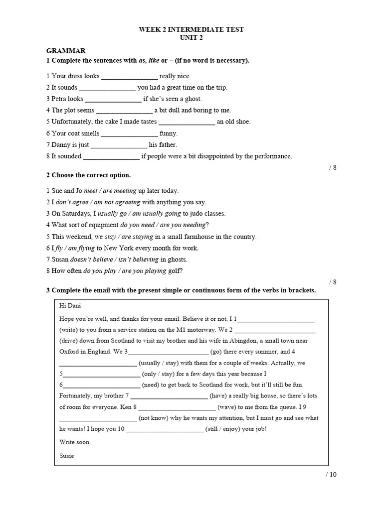 Outcomes Intermediate Week 2 Test | PDF