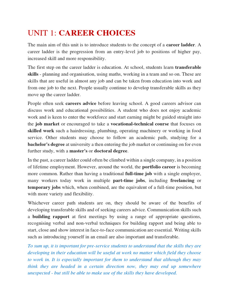 UNIT 1 - Career Choices | PDF | Communication | Academic Degree