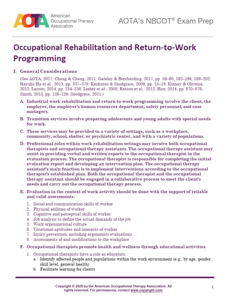 13 OT Occup Rehab AOTA Exam Prep | PDF | Occupational Safety And Health | Occupational Safety ...