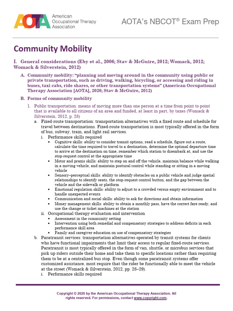 03 OT Community Mobility AOTA Exam Prep | PDF | Occupational Therapy | Physical Therapy