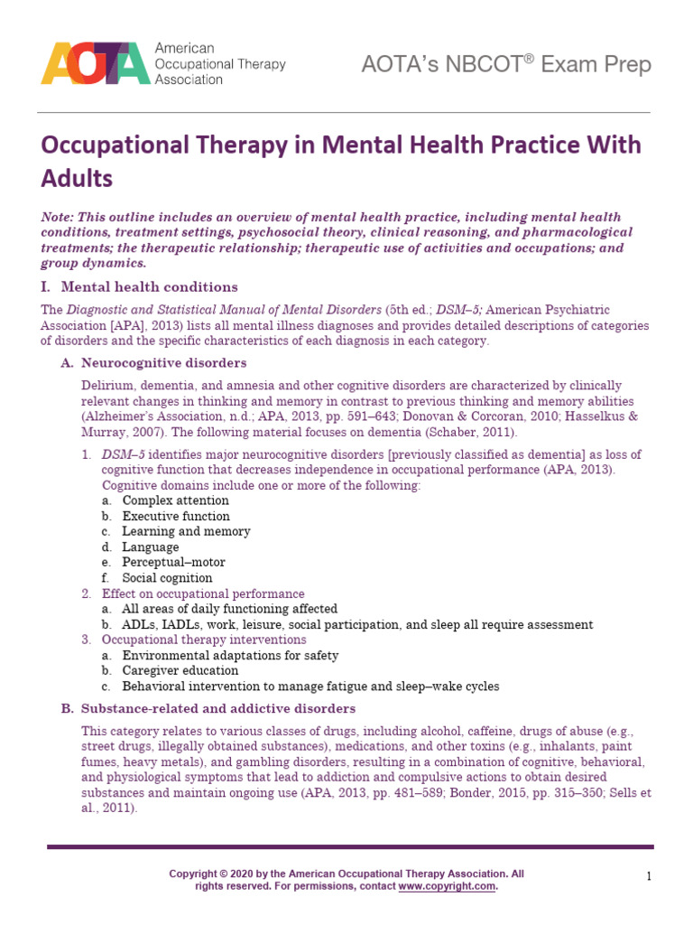 08 OT Adult MH AOTA Exam Prep | PDF | Personality Disorder | Mental ...