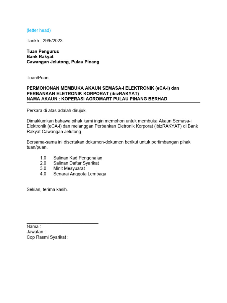 Permohonan Akaun Semasa-i Bank Rakyat | PDF