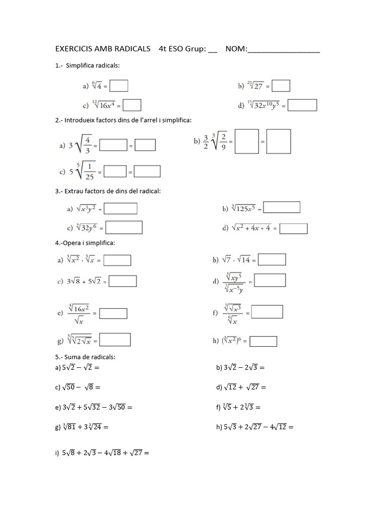 DEURES EXERCICIS AMB RADICALS (A Una Cara) | PDF