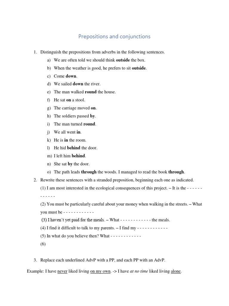 Prepositions, Conjunctions | PDF | Phrase | Preposition And Postposition