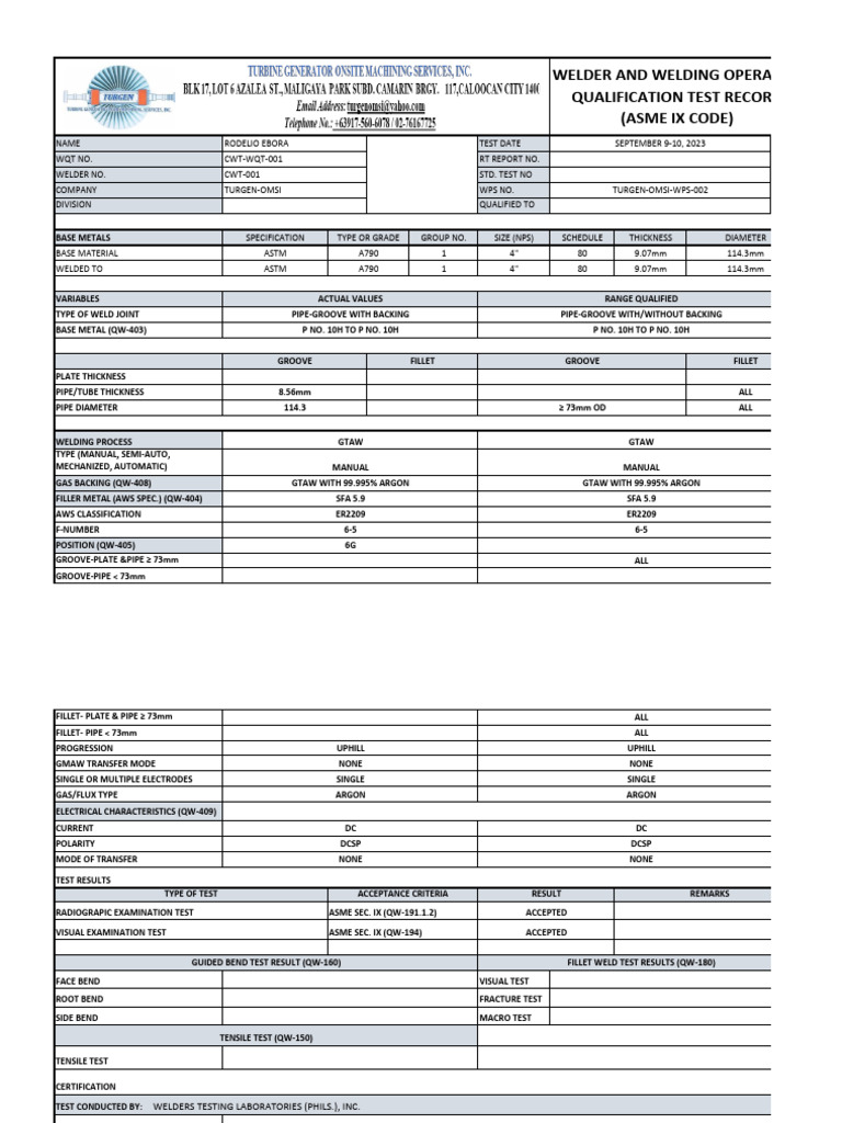 Welder and Welding Operator Qualification Test Record (Asme Ix Code ...