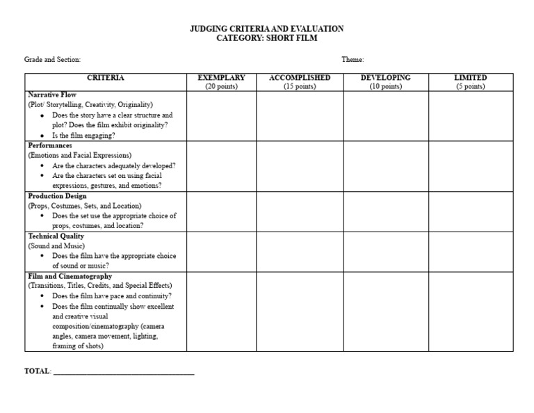 Judging Criteria and Evaluation - Short Film | PDF