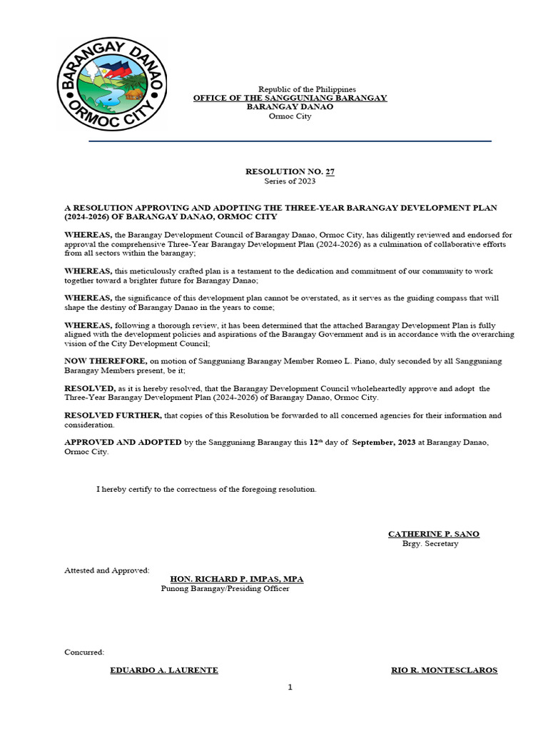 Resolution Approving The BDP of Barangay Danao | PDF Resolution Approving The BDP of Barangay Danao | PDF