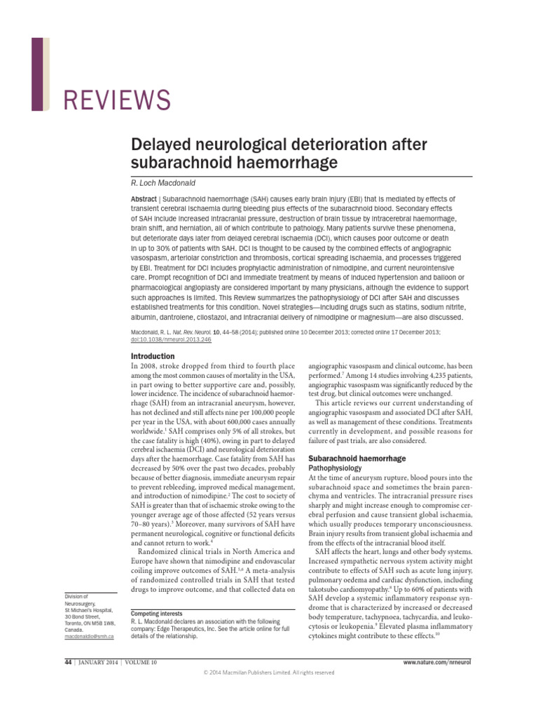 Nature-Delayed Neurological Deterioration After Subarachnoid Haemorrhage | PDF | Thrombosis ...