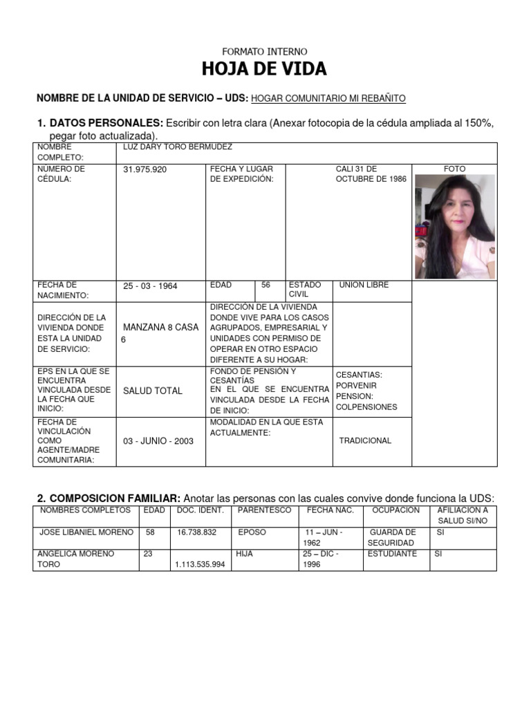 Formato Hoja de Vida Interno-Hcb-Fami La | PDF