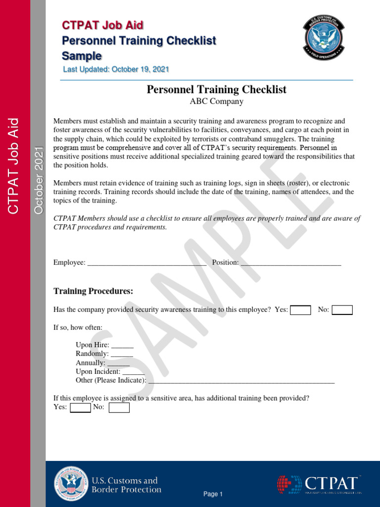 CTPAT Job Aid - Personnel Training Checklist Sample - October 2021 ... CTPAT Job Aid - Personnel Training Checklist Sample - October 2021 ...