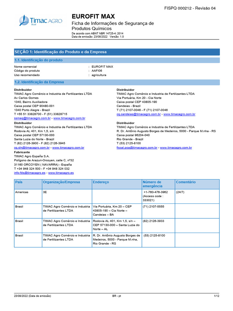 Eurofit-Max - Sds - Aafi06 - BR - PT Eurofit Bula Fertilizante Timac | PDF | Toxicidade | Química