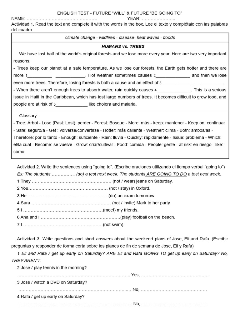 English Test - Future "Will" & Future "Be Going To" | PDF | Climate ...