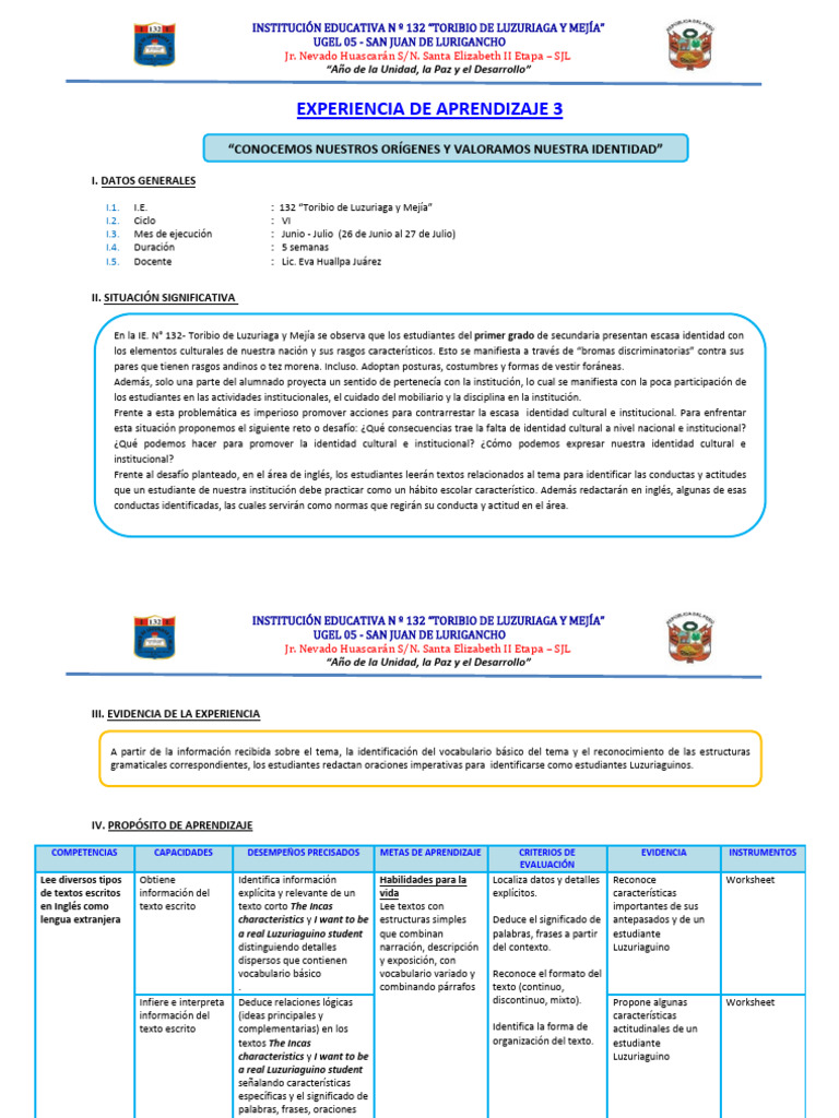 Experiencia de Aprendizaje 3 - 1° | PDF | Maestros | Léxico