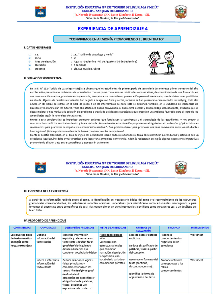 Experiencia de Aprendizaje 4 - 1° | PDF | Léxico | Aprendizaje