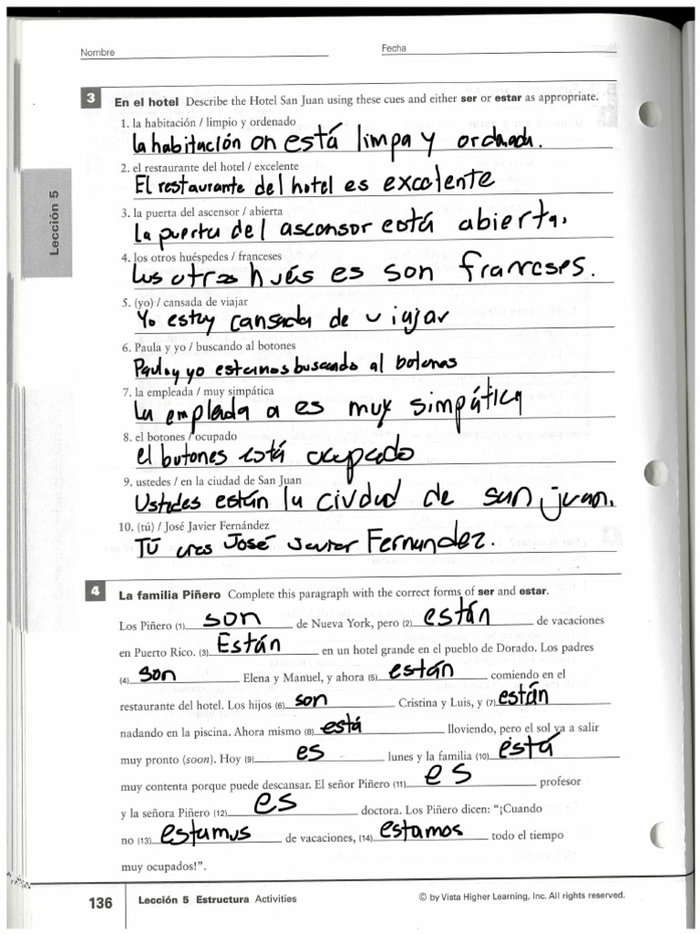 Senderos Lesson 5 Ser Vs Estar Page 136 | PDF