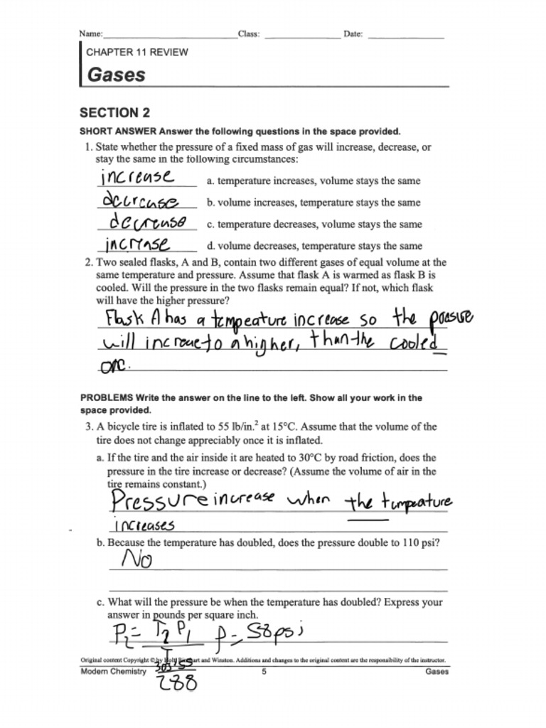 Chapter 11 Section 2 Gas Laws REVIEW | PDF