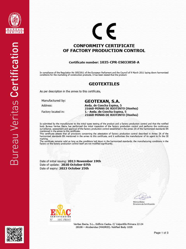GEOTEXAN Conformity Certificate of Factory Production Control1 | PDF