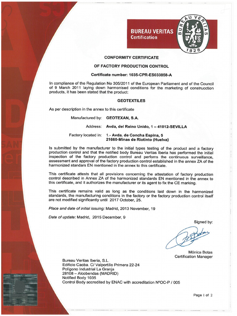 GEOTEXAN Conformity Certificate of Factory Production Control2 | PDF